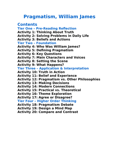 Pragmatism William James - 20 Differentiated Activities | Teaching ...