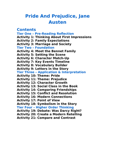 Pride And Prejudice Jane Austen - 20 Differentiated Activities ...