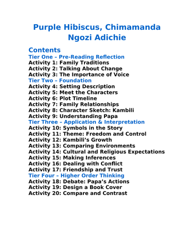 Purple Hibiscus Chimamanda Ngozi Adichie - 20 Differentiated Activities ...