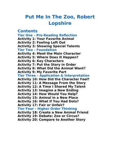Put Me In The Zoo Robert Lopshire - 20 Differentiated Activities ...