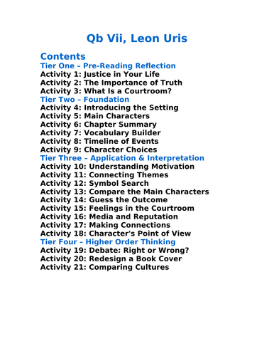 Qb Vii Leon Uris - 20 Differentiated Activities | Teaching Resources