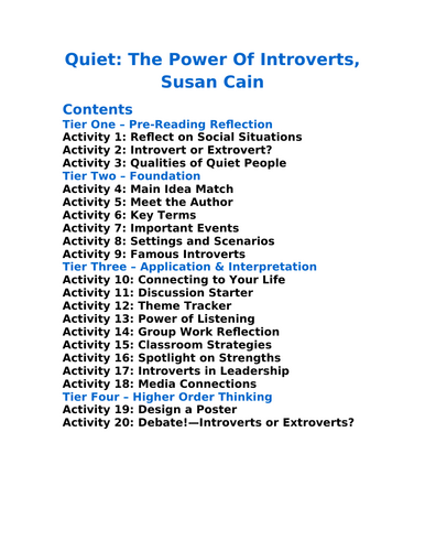 Quiet The Power Of Introverts Susan Cain - 20 Differentiated Activities ...
