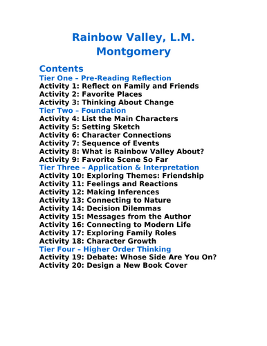 Rainbow Valley Lm Montgomery - 20 Differentiated Activities | Teaching ...
