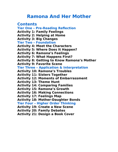 Ramona And Her Mother - 20 Differentiated Activities | Teaching Resources