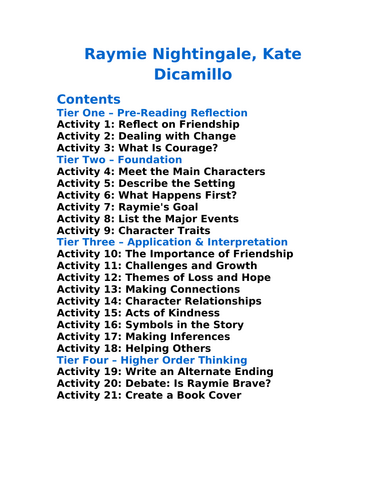Raymie Nightingale Kate Dicamillo - 20 Differentiated Activities ...