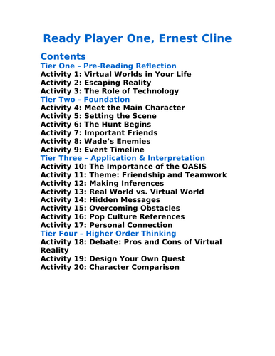 Ready Player One Ernest Cline - 20 Differentiated Activities | Teaching ...