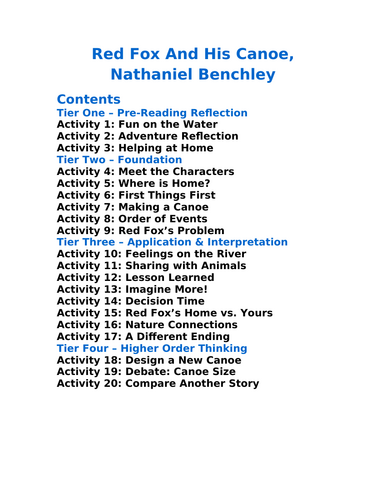 Red Fox And His Canoe Nathaniel Benchley - 20 Differentiated Activities ...