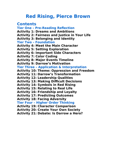 Red Rising Pierce Brown - 20 Differentiated Activities | Teaching Resources