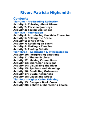 River Patricia Highsmith - 20 Differentiated Activities | Teaching ...