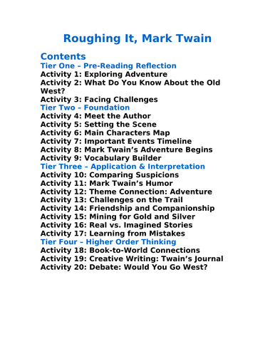 Roughing It Mark Twain - 20 Differentiated Activities | Teaching Resources