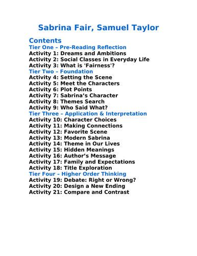 Sabrina Fair Samuel Taylor - 20 Differentiated Activities | Teaching ...