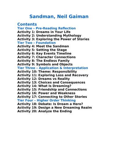 Sandman Neil Gaiman - 20 Differentiated Activities | Teaching Resources
