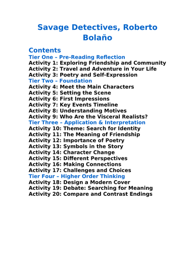 Savage Detectives Roberto Bolaño - 20 Differentiated Activities ...