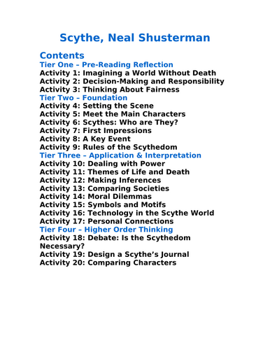 Scythe Neal Shusterman - 20 Differentiated Activities | Teaching Resources