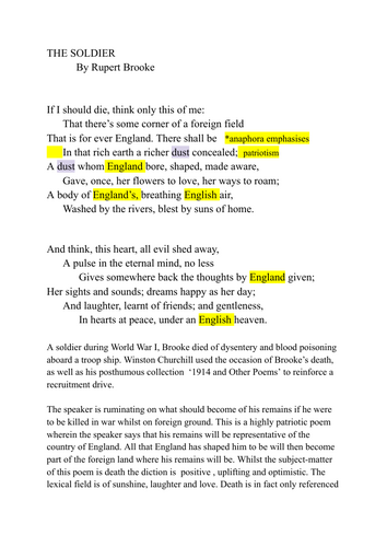 "The Soldier" by Rupert Brooke- GCSE ENGLISH LITERATURE | Teaching ...