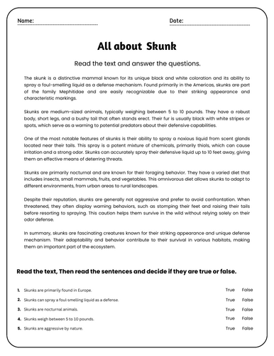 All About Skunks - Reading Comprehension Passages & Questions ...