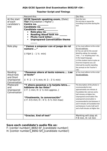 AQA GCSE Spanish 8692 Speaking Exam Teacher Script & Guidance ...