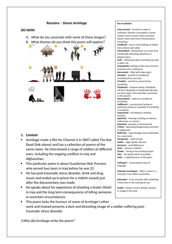 Remains Poem worksheet / revision / homework | Teaching Resources