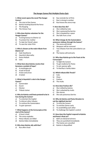 The Hunger Games Plot Multiple Choice Quiz | Teaching Resources