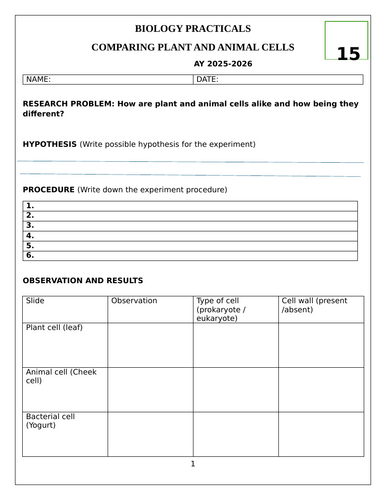 Lab worksheet on comparing plant cell and animal cell | Teaching Resources