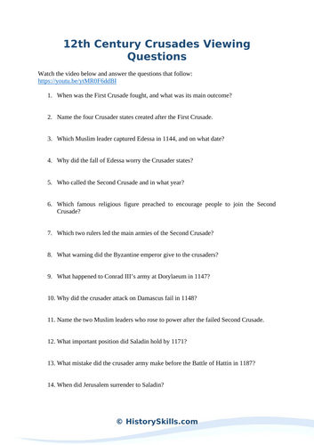 2nd, 3rd, and 4th Crusades Video Viewing Questions Worksheet | Teaching ...