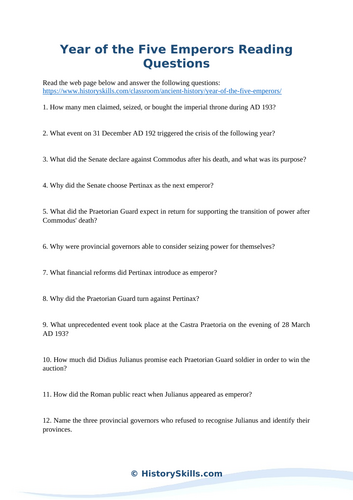 The Year of the Five Emperors Reading Comprehension Worksheet ...