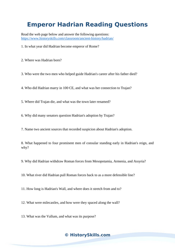 Emperor Hadrian Reading Comprehension Worksheet | Teaching Resources