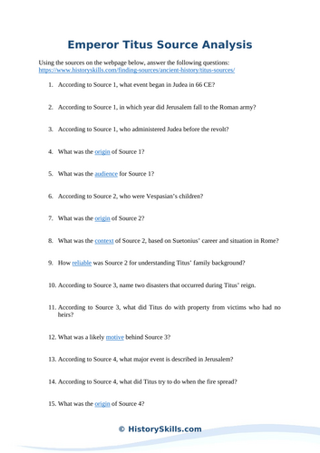 Emperor Titus Historical Source Analysis Worksheet | Teaching Resources