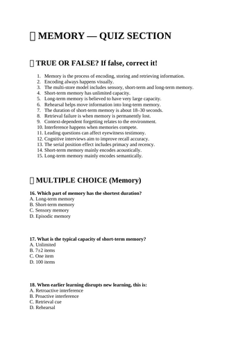 GCSE Psychology - Memory - Paper 1 - Quiz with Answers (AQA) | Teaching ...