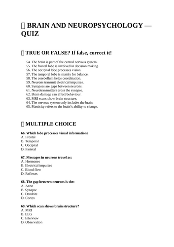 GCSE Psychology - Brain and Neuropsychology - Paper 2 - Quiz with ...