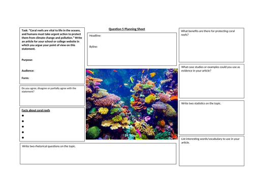 AQA English Language Paper 2 Question 5 - Planning Sheet: Coral Reefs ...