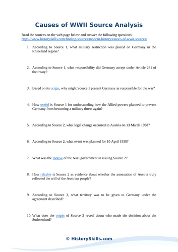 Causes of the Second World War Source Analysis Worksheet | Teaching ...