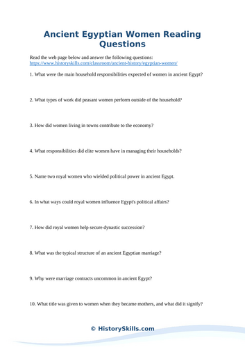 Women in Ancient Egypt Reading Comprehension Worksheet | Teaching Resources