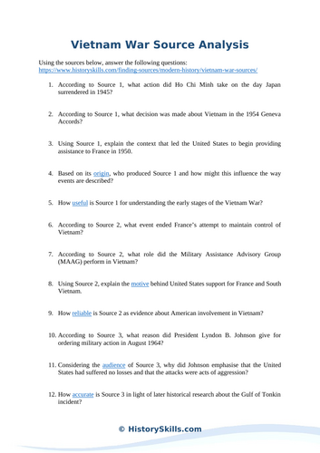 Vietnam War Source Analysis Worksheet | Teaching Resources