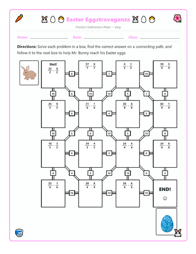 Easter Fraction Subtraction Maze Worksheets with unlike denominators ...