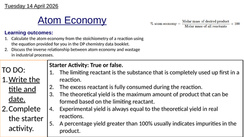 R2.1 Atom Economy (IBDP Chemistry) | Teaching Resources