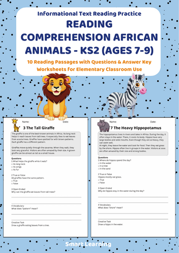 Reading Comprehension African Animals Worksheets (Ages 7–9) | 10 Texts ...