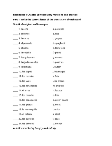 Realidades 1 Chapter 3B vocabulary matching and practice | Teaching ...
