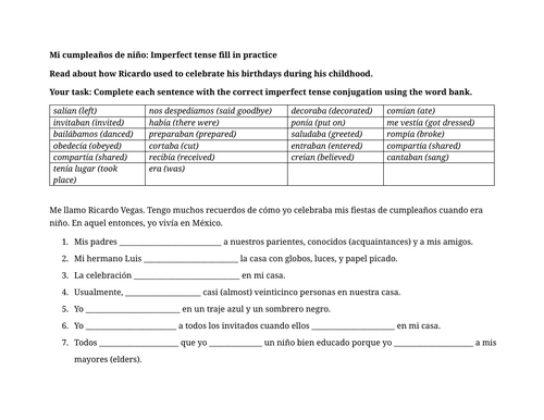 Mi cumpleaños de niño: Imperfect tense fill in practice | Teaching ...