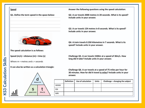 KS3 Science Skills Task - Speed Calculations | Teaching Resources