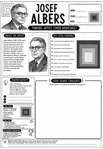 Josef Albers Famous Artist Cover Worksheet | KS3 Art Cover Lesson ...