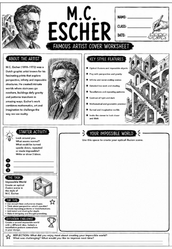 M.C. Escher Famous Artist Cover Worksheet | KS3 Art Cover Lesson ...