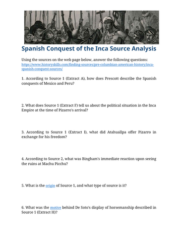 Spanish Conquest of the Inca Empire Source Analysis Worksheet ...