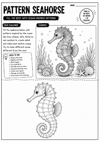 Pattern Seahorse Art Worksheet | Zentangle Ocean Animal Drawing ...