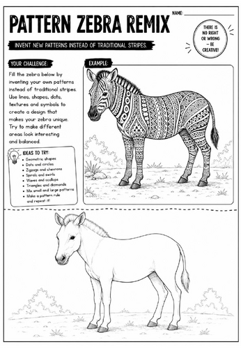 Pattern Zebra Remix Art Worksheet | Zentangle Animal Drawing Activity ...