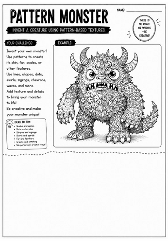 Pattern Monster Art Worksheet | Zentangle Creature Design Activity ...
