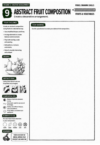 Abstract Fruit Composition Worksheet | Pencil Drawing Skills | Creative ...
