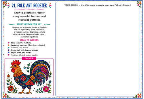 Folk Art Rooster Art Worksheet | Mexican Folk Art Animal Drawing ...