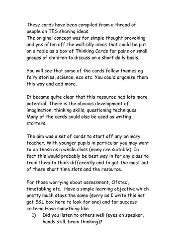 Speaking and listening cards- thinking cards | Teaching Resources