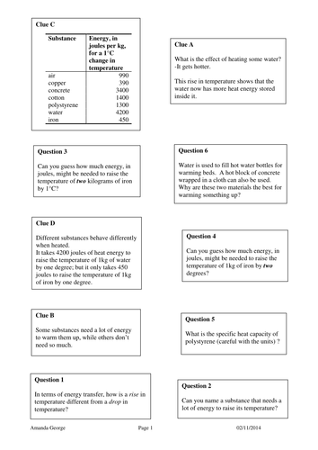 Specific Heat Capacity Puzzle Cards | Teaching Resources